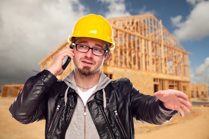 Construction Worker on Phone Stock Image - Image of handsome ...