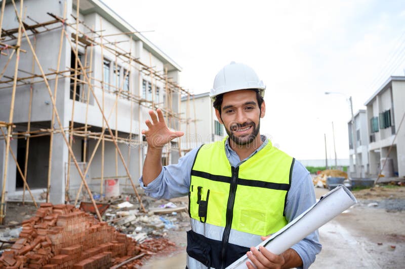 Young Constructor Engineer Man Smiling Holding Blueprint while Talking ...