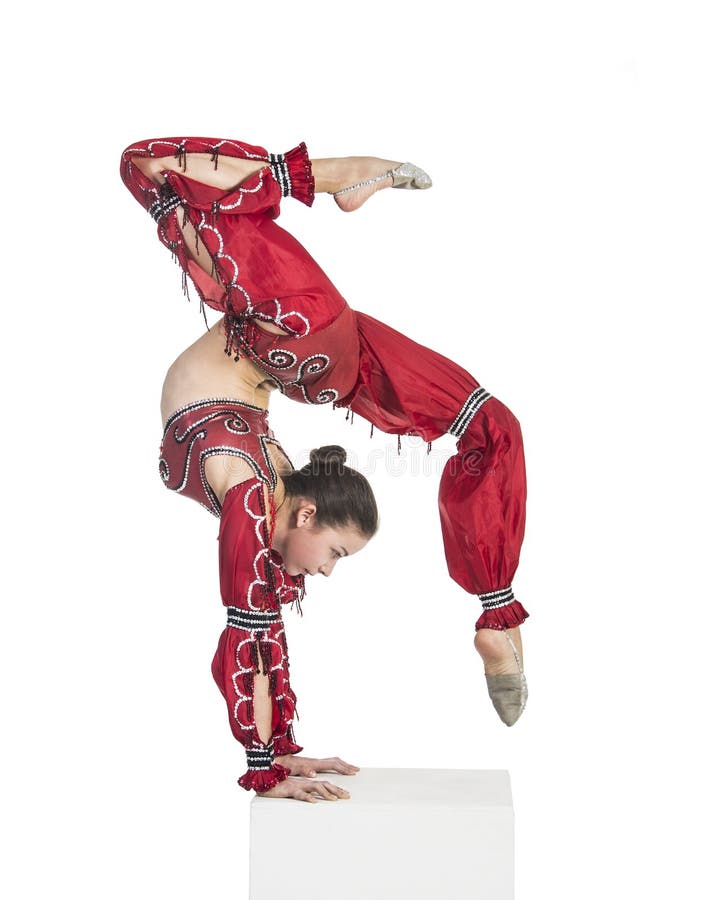 A Young Contortionist,circus Performer in a Red Suit. Stock Image ...