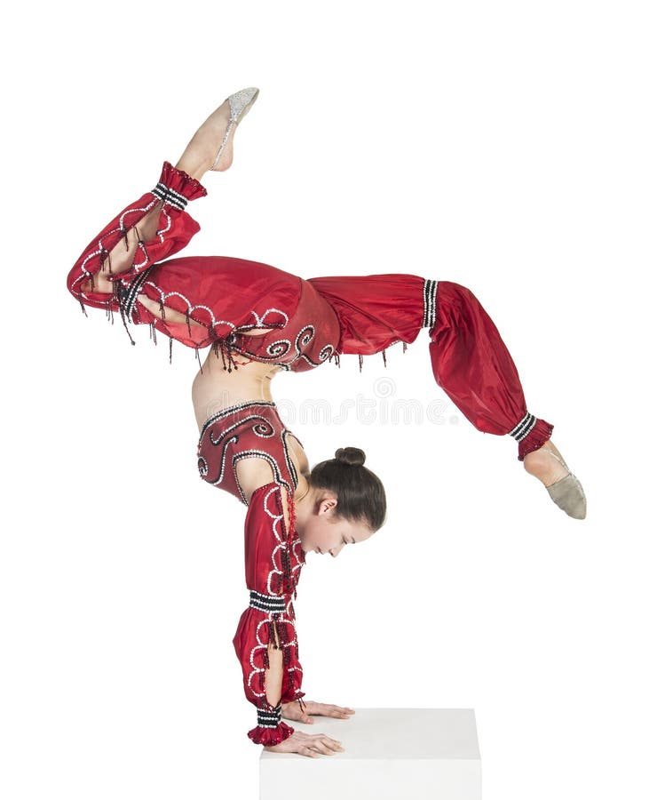 A Young Contortionist,circus Performer in a Red Suit. Stock Photo ...