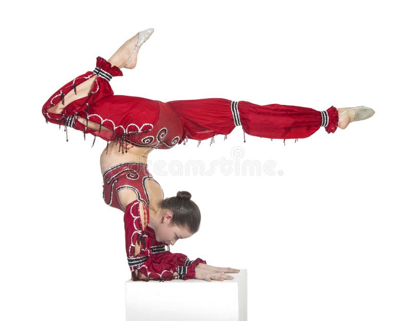 A Young Contortionist,circus Performer in a Red Suit. Stock Image ...