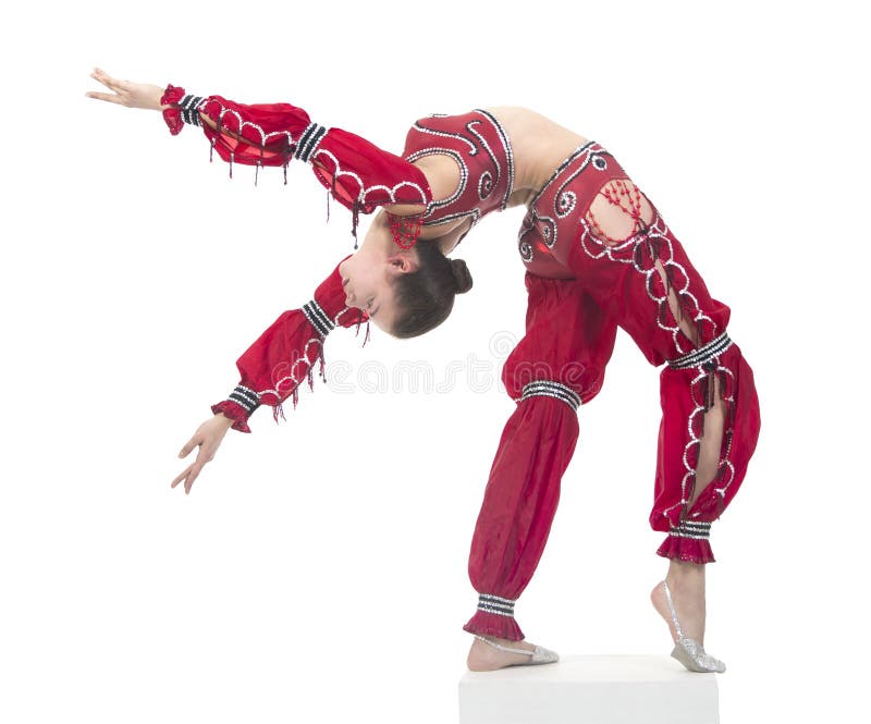 A Young Contortionist,circus Performer in a Red Suit. Stock Photo ...