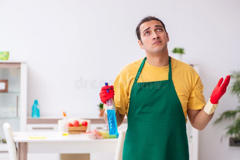 Young Male Contractor Cleaning the House Stock Image - Image of pray ...