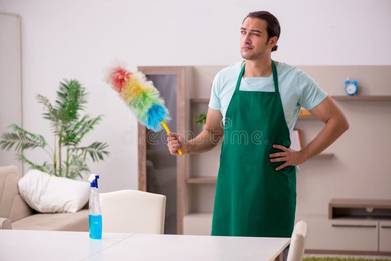 Young Male Contractor Cleaning the House Stock Photo - Image of germ ...