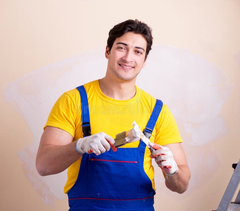 Young Contractor Employee Applying Plaster on Wall Stock Image - Image ...