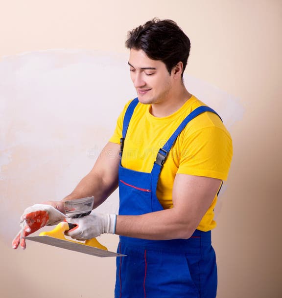 Young Contractor Employee Applying Plaster on Wall Stock Image - Image of applying, craftsman ...