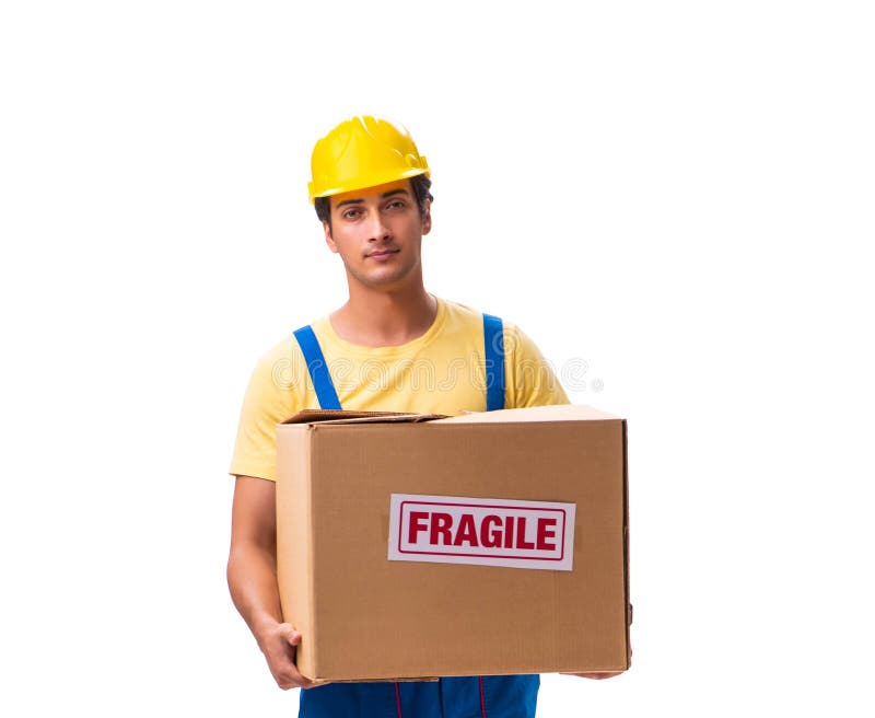 Young Contractor with Fragile Boxes Isolated on White Stock Photo ...