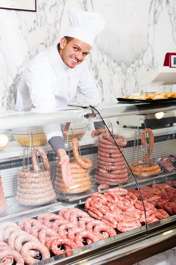 Young Cook at Butcher Store Stock Photo - Image of macelleria, mutton ...