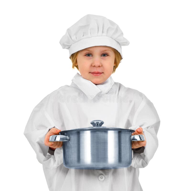 Young Cook. Small Girl in White Suit with Saucepan Stock Image - Image ...