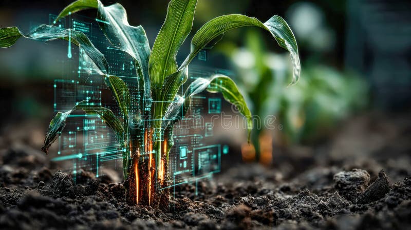 A Young Corn Plant Grows in Rich Soil, Highlighted with Glowing Digital ...