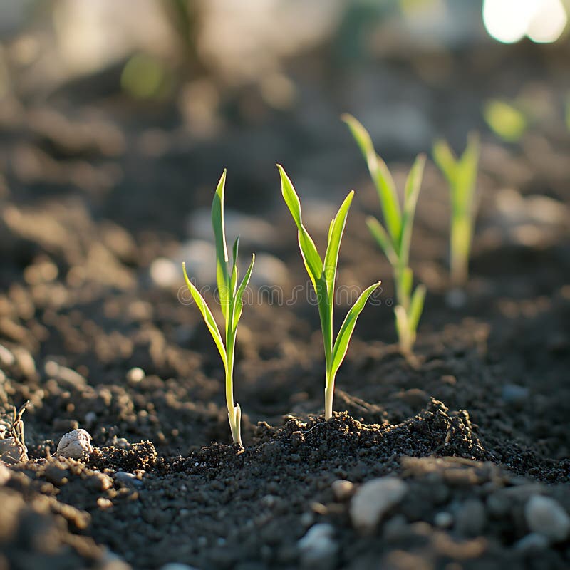 Young Corn Plants Emerging from Soil Stock Photo - Image of sunlight ...
