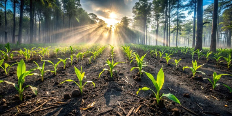 Young Corn Plants Illuminated by Sunbeams in a Misty Forest. Generative ...