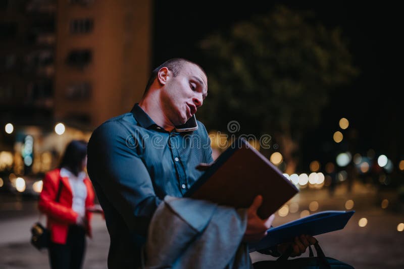 Young Corporate Businessman Multitasking with Phone and Documents at ...