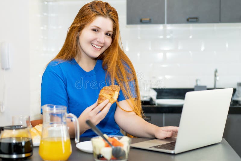Young Corpulent Female Student Learning Computer Morning Breakfast ...