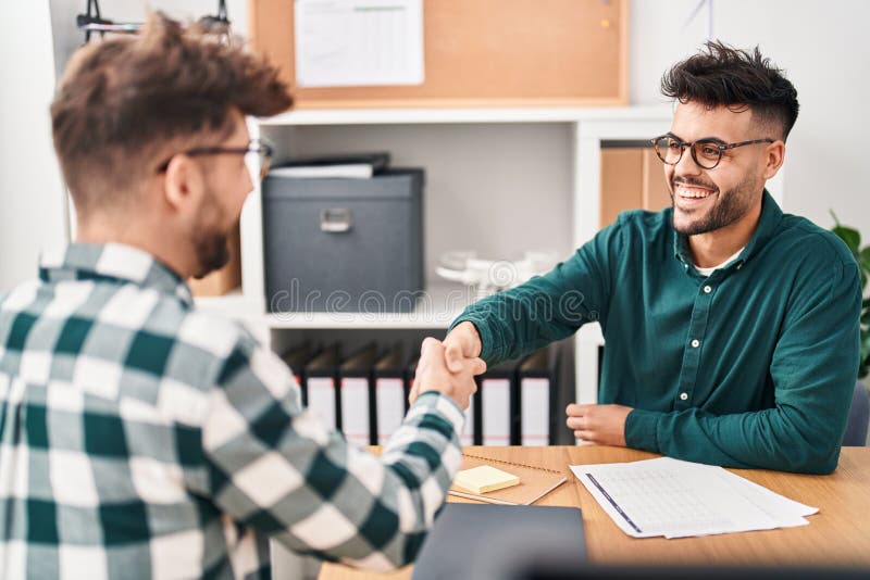 Young Couple Business Workers Shake Hands at Office Stock Image - Image ...
