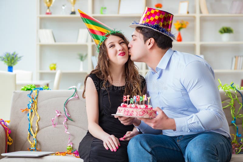 The Young Couple Celebrating Birthday with Cake Stock Photo - Image of ...