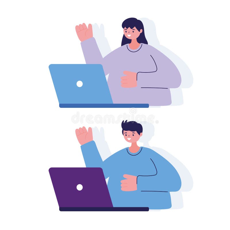 Young Couple Character with Laptop Computer Chatting Stock Vector ...