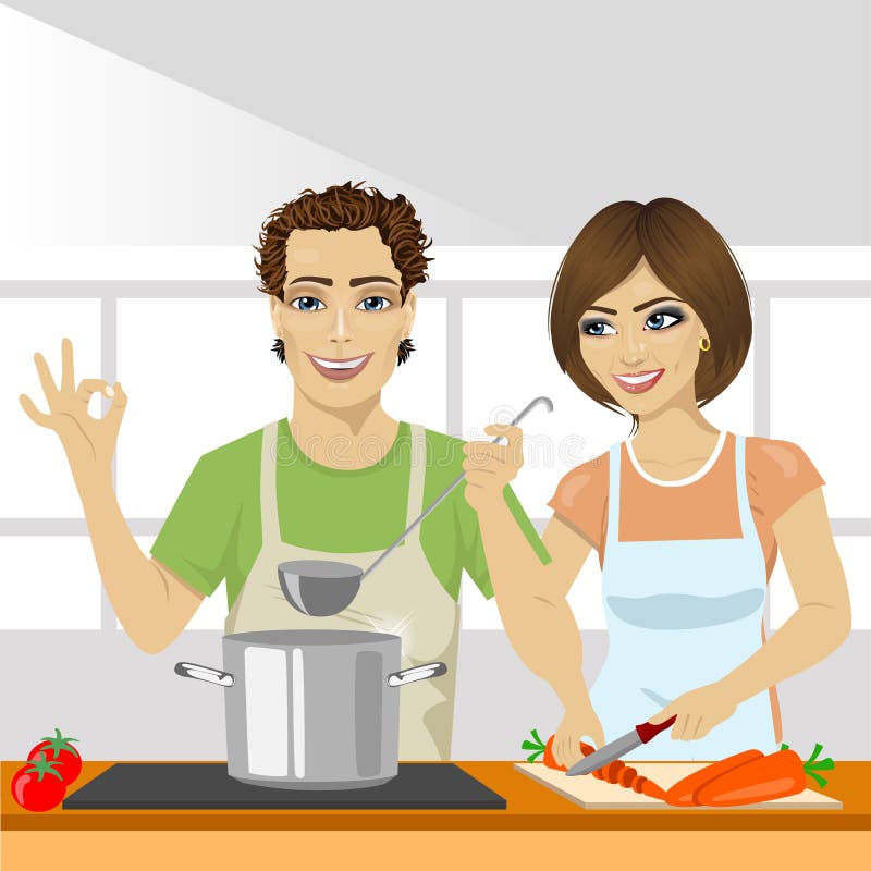 Young Couple Cooking Soup Together in Kitchen Stock Vector ...