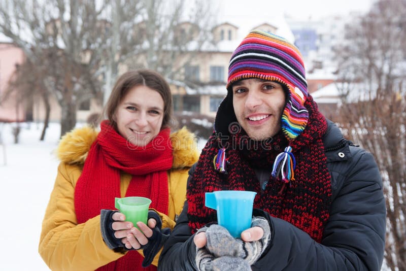 Young Couple Drinking Tea in Winter Stock Photo - Image of landscape ...
