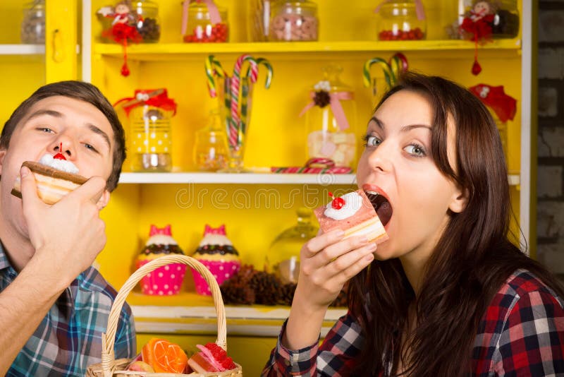 Young Couple Eating Cake at the Cafe Stock Image - Image of devouring ...