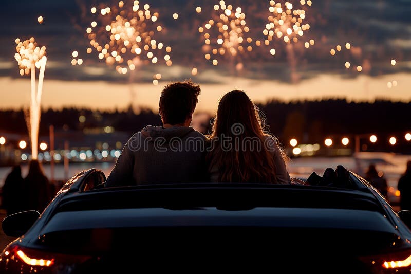 A Young Couple Enjoys a Romantic Fireworks Display from the Back of a ...