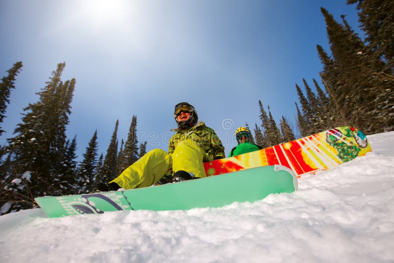 Young Couple Having Fun with Snowboards. Stock Image - Image of season ...