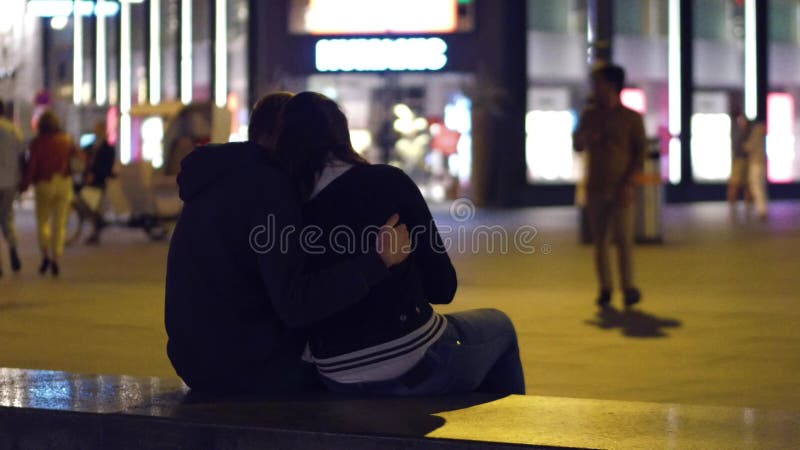 Young Couple Hugging on the Street at Night Editorial Stock Photo ...