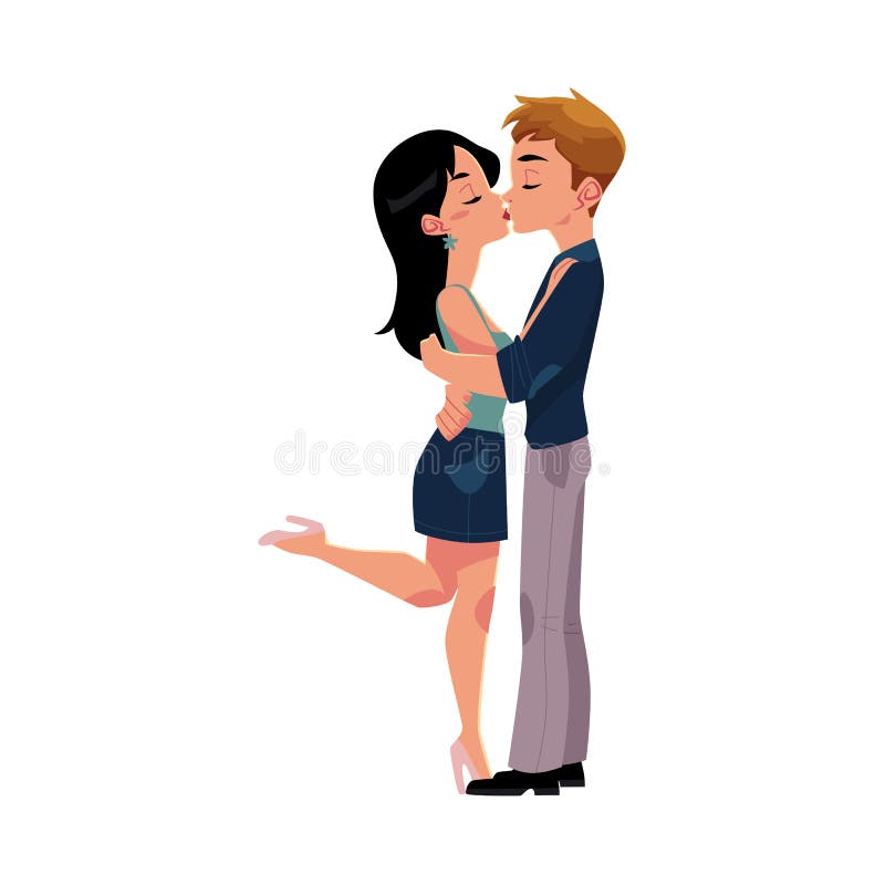 Young Couple Kissing Romantically Hugging Each Other Full Length