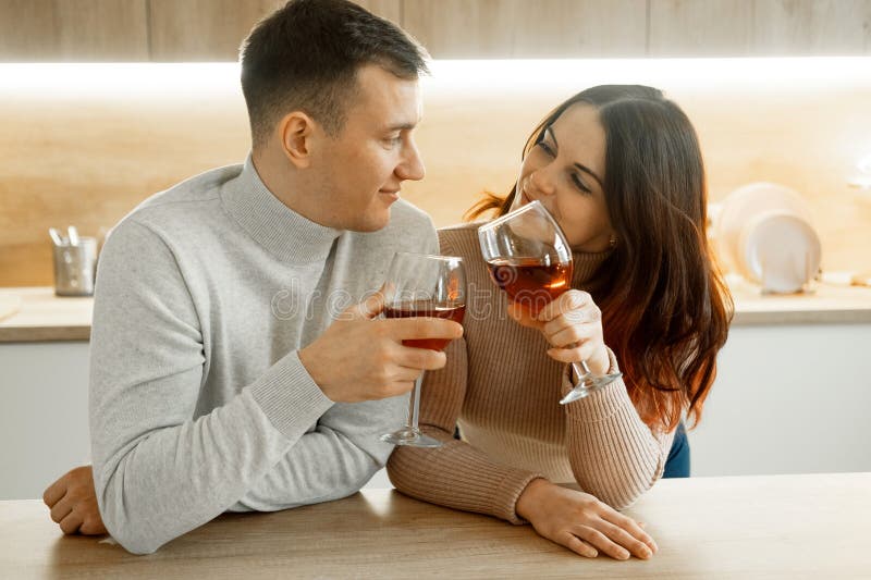 Young Couple in Love Drinking Red Wine in House Kitchen Stock Photo ...