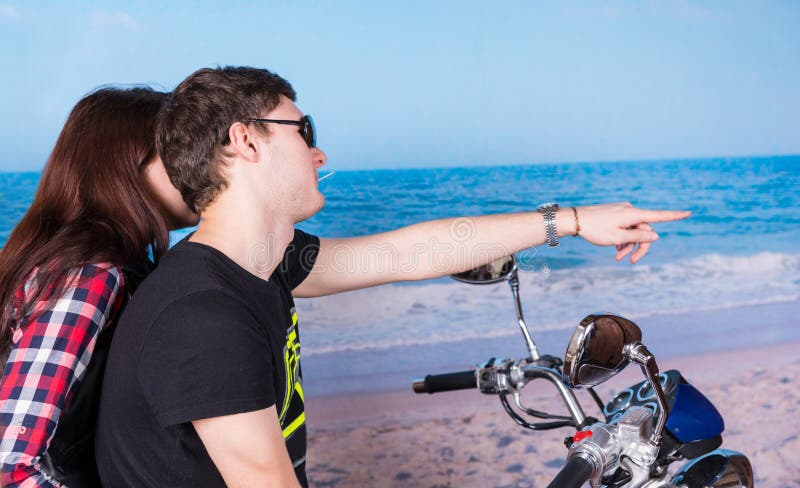 Young Couple on Motorcycle at Beach Stock Photo - Image of dating ...