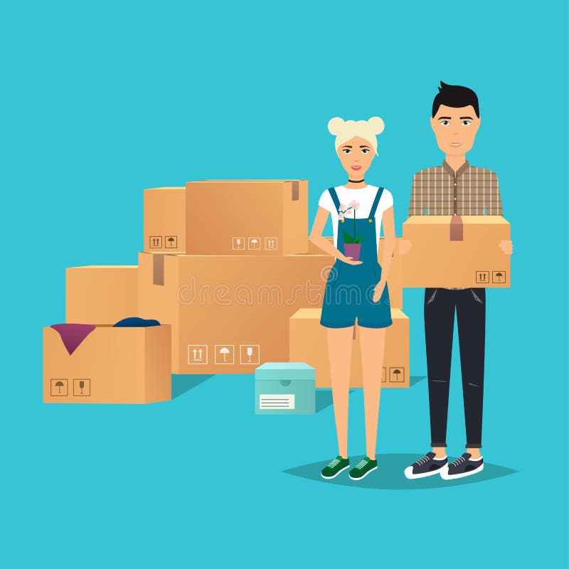 Young Couple Moving. Box for Moving, Open Box. Flat Design Modern ...