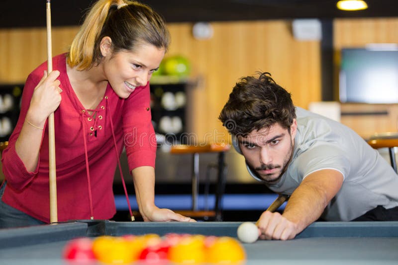 Young Couple Playing Pool Man Breaking Stock Image - Image of sportsman ...