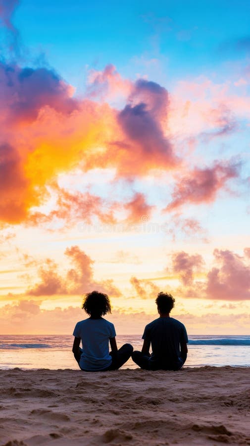 Young Couple Practicing Mindfulness Exercises at Sunset on a Beach ...