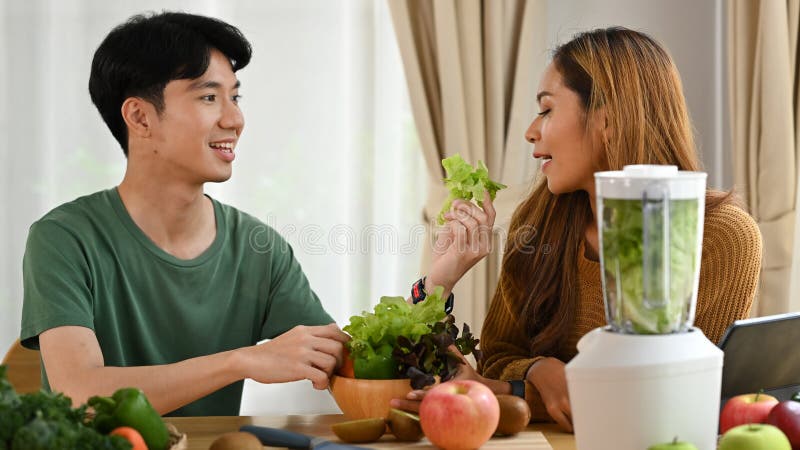 Young Couple Prepare Ingredient for Making Healthy Drinking in Kitchen ...