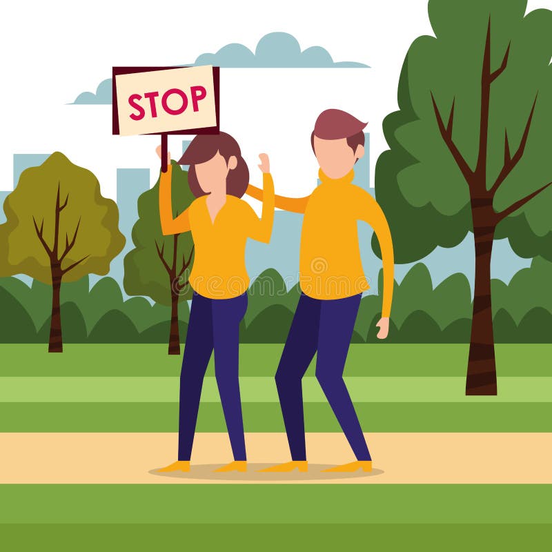 Young Couple Protesting with Stop Label Characters Stock Vector ...