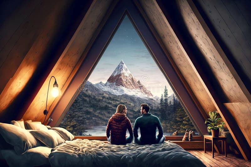 Young Couple Relaxing in Nature in Cozy a-frame Cabin Stock ...