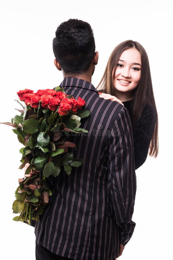 Young Couple with Roses Isolated on White Background Stock Photo ...