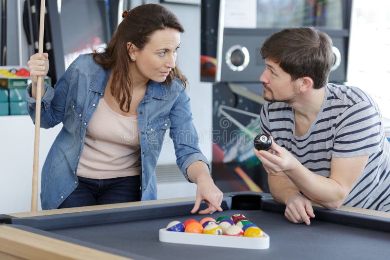 Young Couple Setting Up for Game Pool Stock Image - Image of adult ...