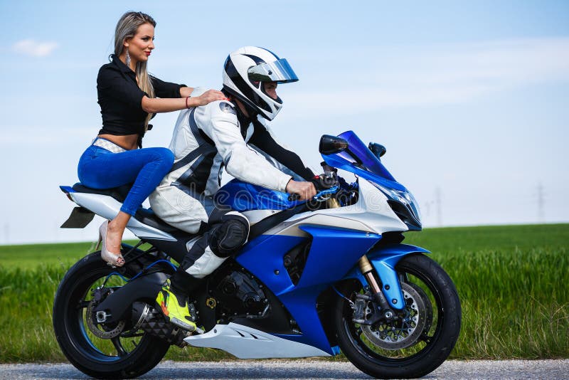 Young Couple with a Speed Motorcycle Stock Image - Image of black ...