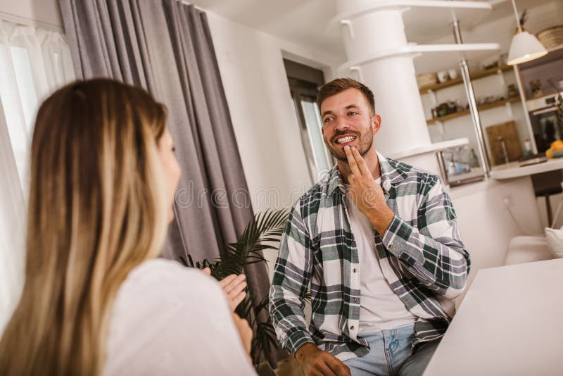 Couple Talking Using Sign Language at Home Stock Image - Image of ...