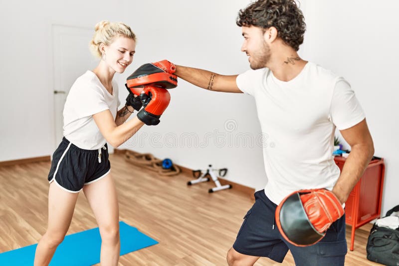 Young Couple Training Boxing at Sport Center Stock Image - Image of ...