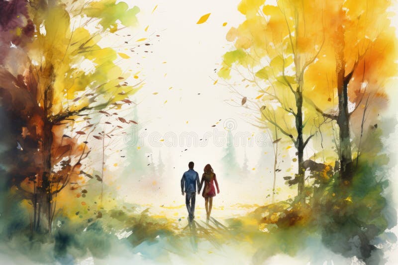 Young Couple Walking in Autumn Park, Illustration Stock Illustration ...