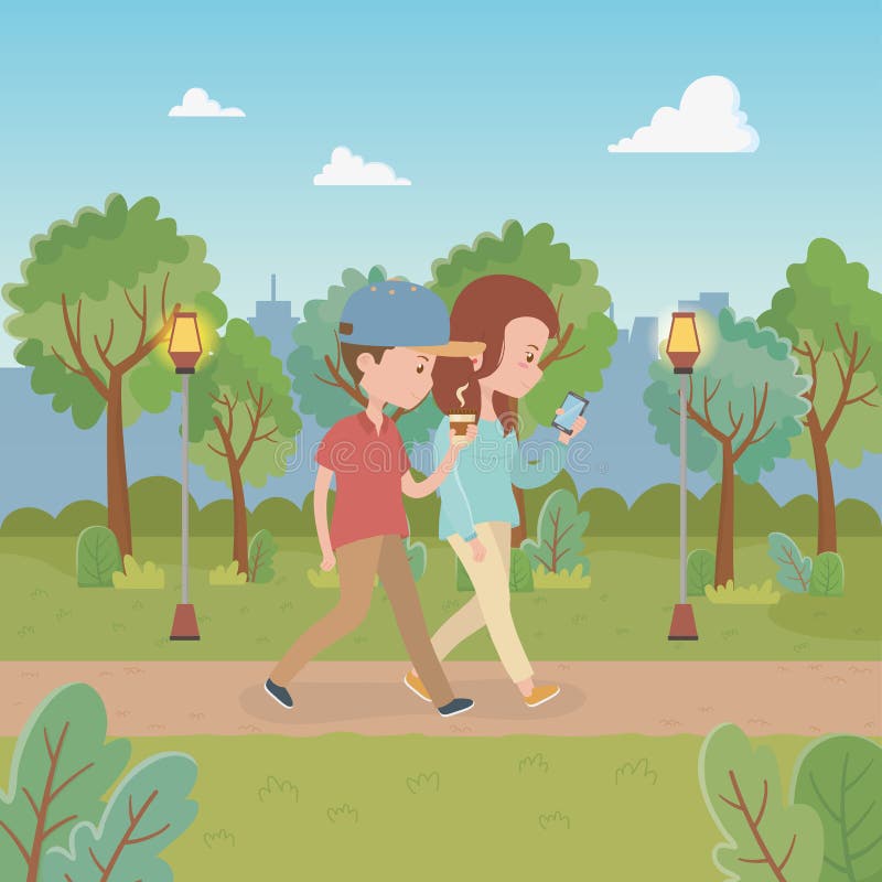 Young Couple Walking in the Park Characters Stock Vector - Illustration ...