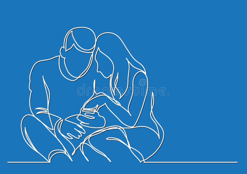 Young Couple Watching Mobile Phone - Continuous Line Drawing Stock ...