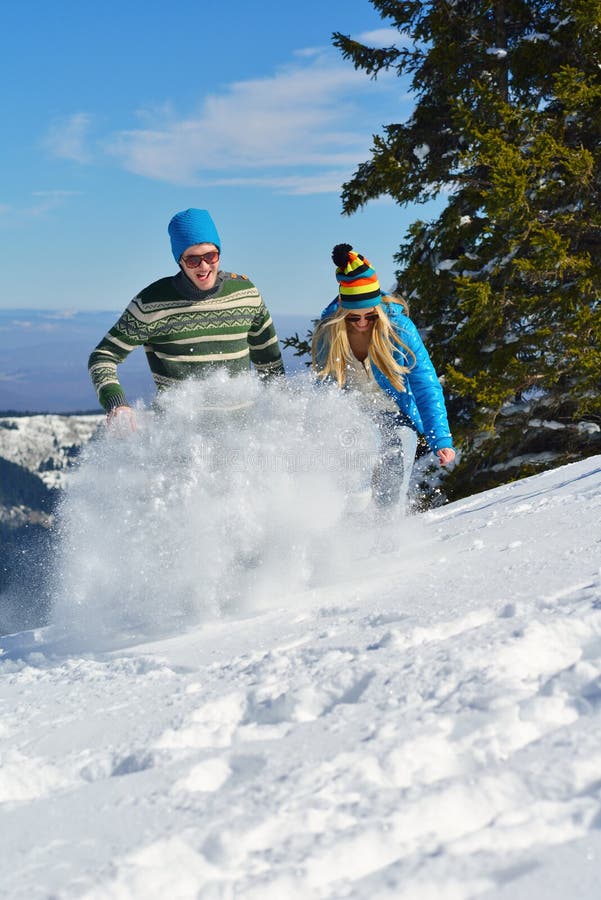 Young Couple in Winter Snow Scene Stock Photo - Image of couple, female ...