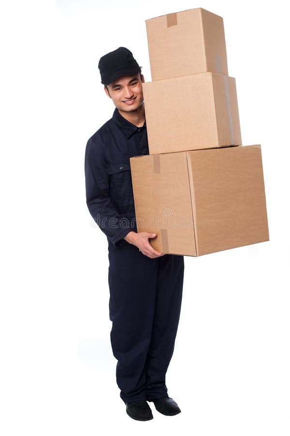 Man Lifting Bunch of Heavy Cardboard Boxes Stock Image - Image of full ...