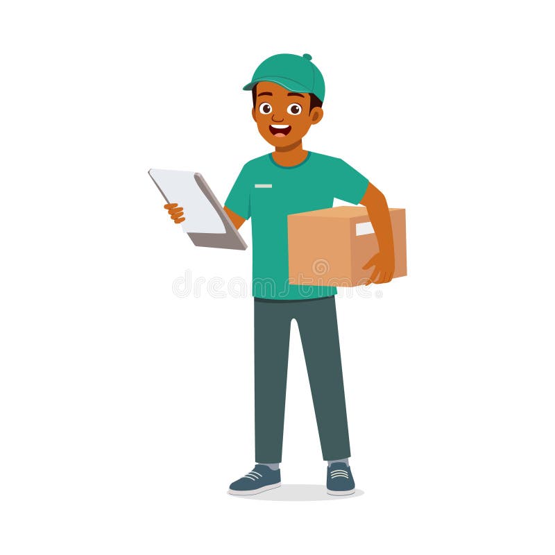 Young Courier Man Holding Package and Clipboard Stock Vector ...