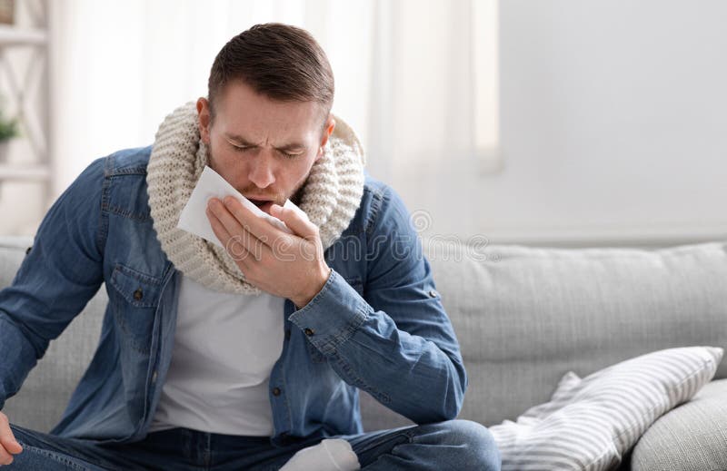 Young Covid-19 Infected Man Coughing at Home, Empty Space Stock Photo ...