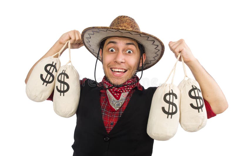 Young Cowboy with Money Bags Isolated on White Stock Photo - Image of ...