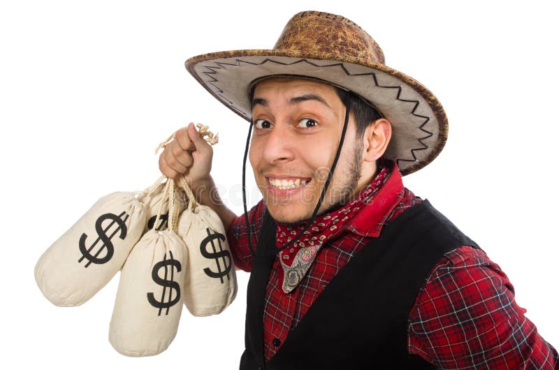 Young Cowboy with Money Bags Isolated on the White Stock Image - Image ...
